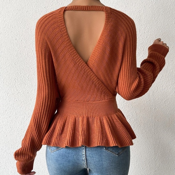 BellanBlue | Sweaters | Cozy Ribbed Peplum Ruffle Backless Sweater Top ...